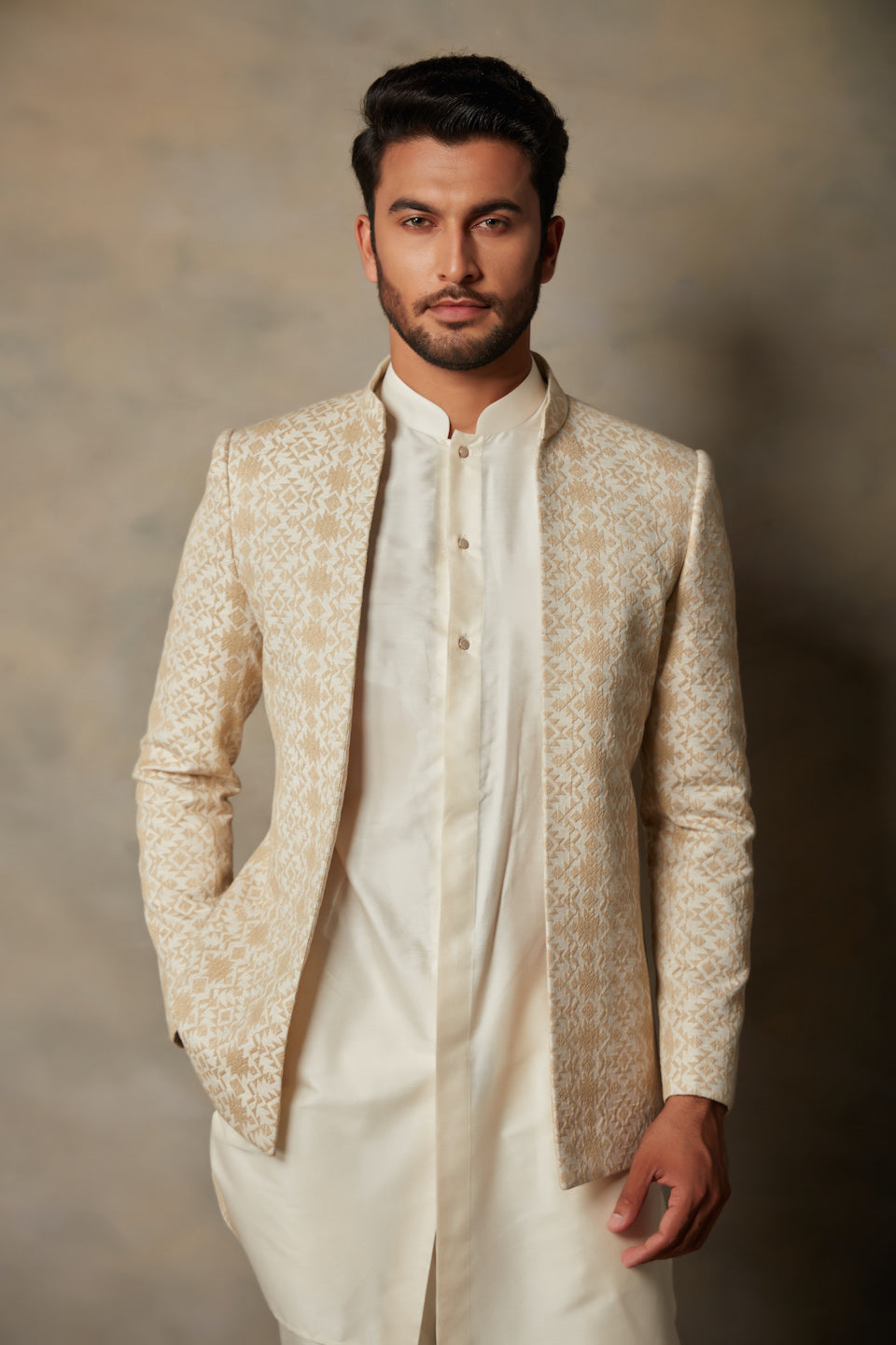 BEIGE EMBROIDERED JODHPURI SET – Gargee