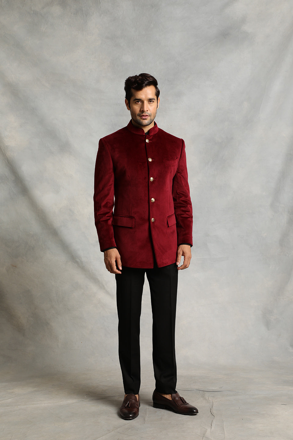 MAROON VELVET COMBINATION JODHPURI SET – Gargee